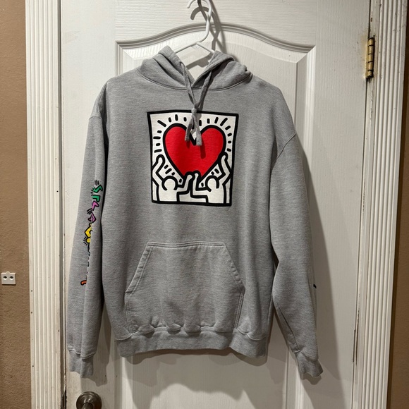 keith haring | Shirts | Keith Haring Gray Hoodie With Red Heart Design ...